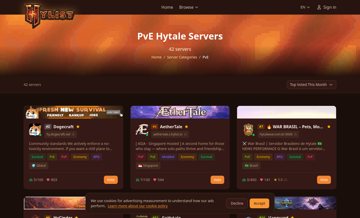 PvE Hytale Servers - 40 Servers | Hylist